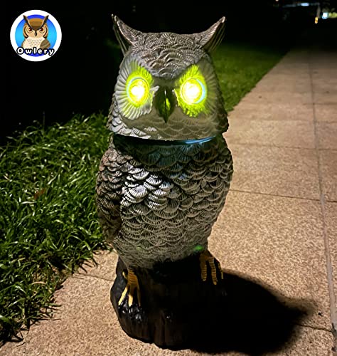 Owlery Solar Owl with Flashing Eyes, Rotating Head and Realistic Tweets, Plastic Owl Decoration for Home, Garden, Patio and Fence, 15 in x 5.5 in x 5.5 in