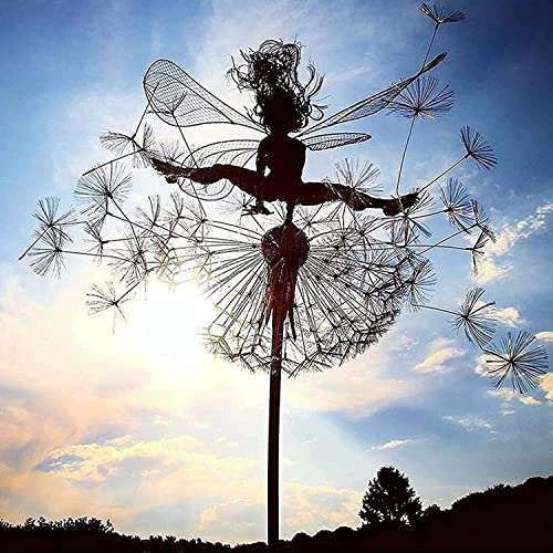 Tiyazxw Fairies Dandelions Garden Stainless Steel Fairy Ornaments, Garden Sculptures and Statues Flying Fairy Sculptures Yard Art Ornaments, Dancing Fairy Dandelion Garden Decoration, Feel love and ho