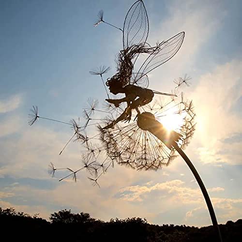 Tiyazxw Fairies Dandelions Garden Stainless Steel Fairy Ornaments, Garden Sculptures and Statues Flying Fairy Sculptures Yard Art Ornaments, Dancing Fairy Dandelion Garden Decoration, Feel love and ho