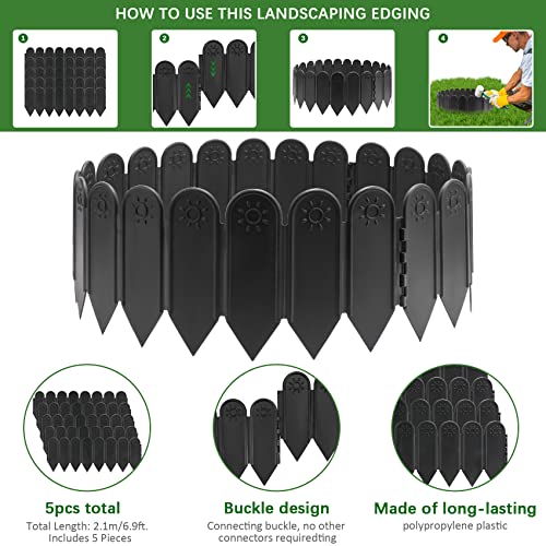 EEOCWF 5PCS Black Garden Edging Borders, 16.5"X6" Plastic Garden Landscape Edging, 6.88ft Interlocking Decorative Garden Fences Edging, Lawn Edge Flower Bed Border for DIY Patio Walkways Yard