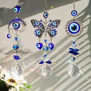 veramz sun catchers, 3pcs evil eye suncatcher for window hanging crystal ball prisms rainbow maker blue eyes pendant for garden car home indoor outdoor decor charm valentine’s day gift