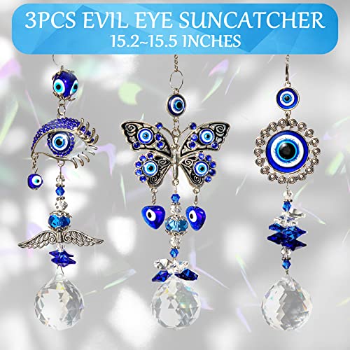 Veramz Sun Catchers, 3PCS Evil Eye Suncatcher for Window Hanging Crystal Ball Prisms Rainbow Maker Blue Eyes Pendant for Garden Car Home Indoor Outdoor Decor Charm Valentine's Day Gift