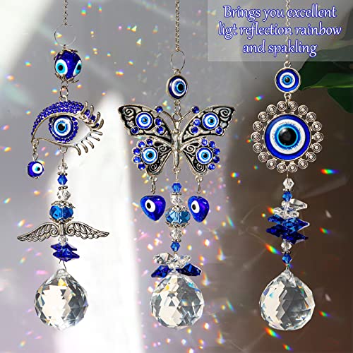 Veramz Sun Catchers, 3PCS Evil Eye Suncatcher for Window Hanging Crystal Ball Prisms Rainbow Maker Blue Eyes Pendant for Garden Car Home Indoor Outdoor Decor Charm Valentine's Day Gift