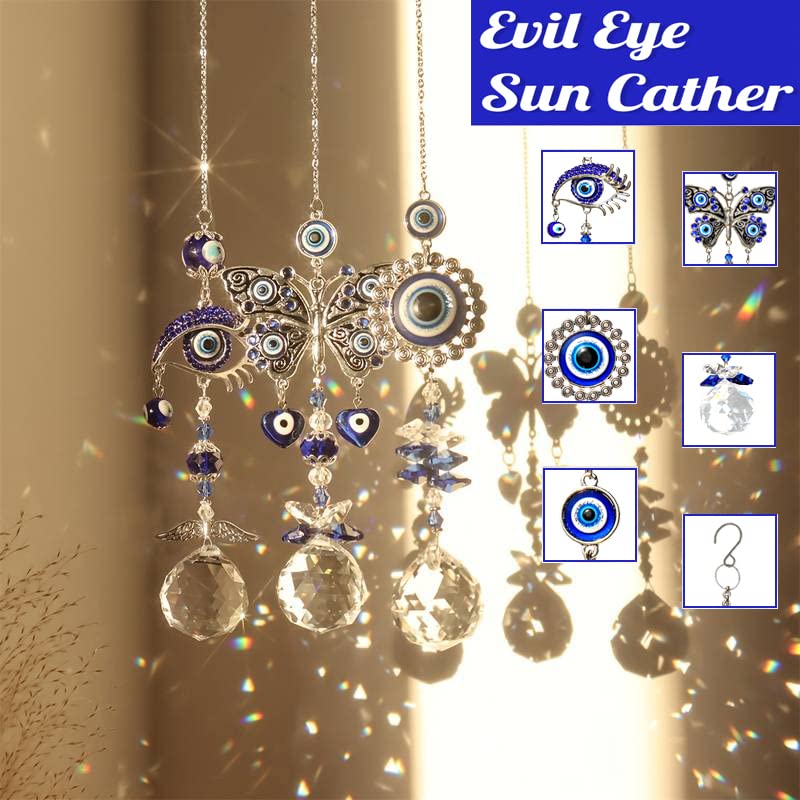 Veramz Sun Catchers, 3PCS Evil Eye Suncatcher for Window Hanging Crystal Ball Prisms Rainbow Maker Blue Eyes Pendant for Garden Car Home Indoor Outdoor Decor Charm Valentine's Day Gift