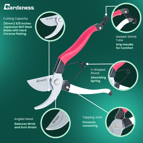 Gardeness Japanese Pruning Shears, 5/8 inch Bypass Heavy Duty Garden Pruner with SK5 Steel Blades – Lightweight Easy Grip Hand Pruners for Gardening, Trimming, Harvesting. Made in Taiwan