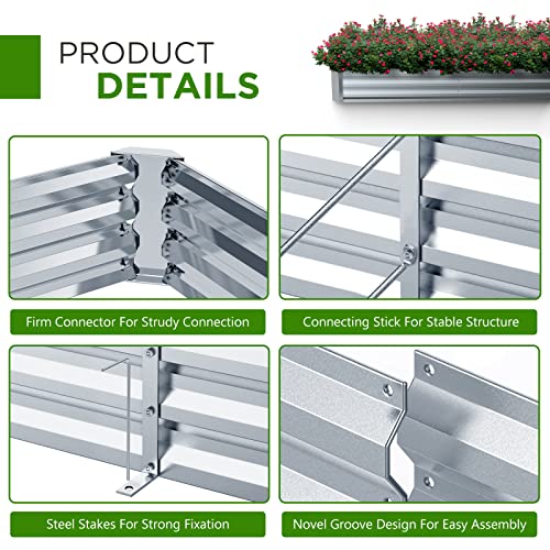 8×4×1FT Galvanized Raised Garden Bed Kit, PETNOZ Easy Quick Setup Raised Garden Boxes Outdoor With Metal Stake To Fix, Optional Size Rustproof Planter Box With No Bottom For Vegetables, Flowers, Herbs