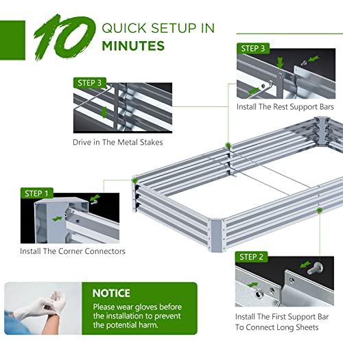 8×4×1FT Galvanized Raised Garden Bed Kit, PETNOZ Easy Quick Setup Raised Garden Boxes Outdoor With Metal Stake To Fix, Optional Size Rustproof Planter Box With No Bottom For Vegetables, Flowers, Herbs