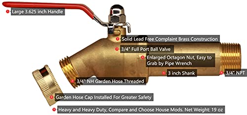 House Mods HMP011 LF Compliant Brass 3/4" MIP Water Heater Drain/Flush Valve(Full Port, Ball Valve, 3 inch Shank, W/ Garden Hose Cap)