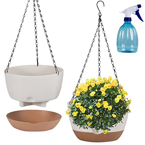 EURCRBU 2 Pack Hanging Planters for Outdoor Indoor Plants, 10 Inch Plastic Outdoor Hanging Planter, Hanging Flower Pots for Outside with Drainage Holes & Removable Saucer for Garden Home (Beige)