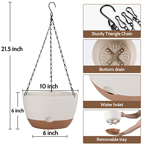 EURCRBU 2 Pack Hanging Planters for Outdoor Indoor Plants, 10 Inch Plastic Outdoor Hanging Planter, Hanging Flower Pots for Outside with Drainage Holes & Removable Saucer for Garden Home (Beige)