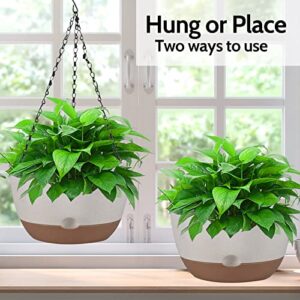 EURCRBU 2 Pack Hanging Planters for Outdoor Indoor Plants, 10 Inch Plastic Outdoor Hanging Planter, Hanging Flower Pots for Outside with Drainage Holes & Removable Saucer for Garden Home (Beige)