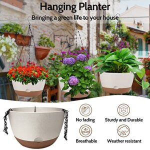 EURCRBU 2 Pack Hanging Planters for Outdoor Indoor Plants, 10 Inch Plastic Outdoor Hanging Planter, Hanging Flower Pots for Outside with Drainage Holes & Removable Saucer for Garden Home (Beige)