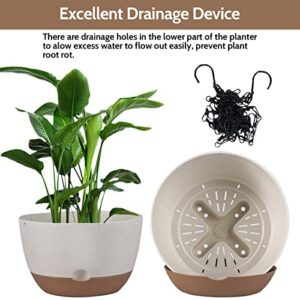 EURCRBU 2 Pack Hanging Planters for Outdoor Indoor Plants, 10 Inch Plastic Outdoor Hanging Planter, Hanging Flower Pots for Outside with Drainage Holes & Removable Saucer for Garden Home (Beige)