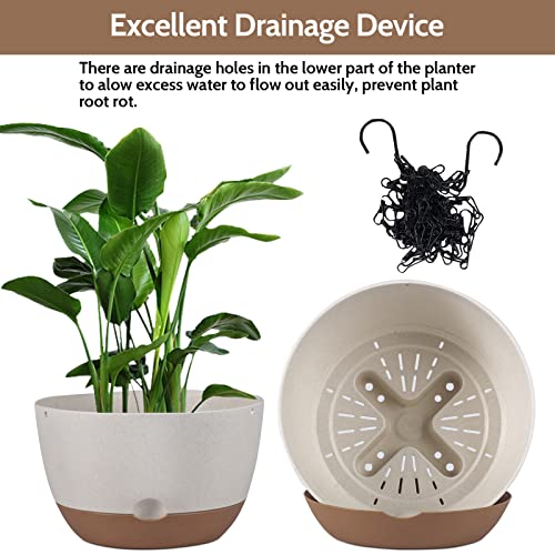 EURCRBU 2 Pack Hanging Planters for Outdoor Indoor Plants, 10 Inch Plastic Outdoor Hanging Planter, Hanging Flower Pots for Outside with Drainage Holes & Removable Saucer for Garden Home (Beige)