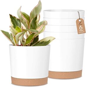 Plastic Plant Pots,6.5 inch Flower Planter Pots with Trays,Modern Stylish Indoor & Outdoor Garden Pots for All House Plants,Flowers,Herbs,Succulents (White, 6)