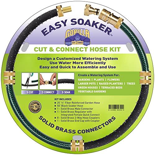 Gorilla Easy Connect Easy Soaker Hose Watering Kit with Brass Fittings Includes Customizable System with Garden Hose, Soaker Hose and Reusable Brass Fittings with Quick Connector Regulator.