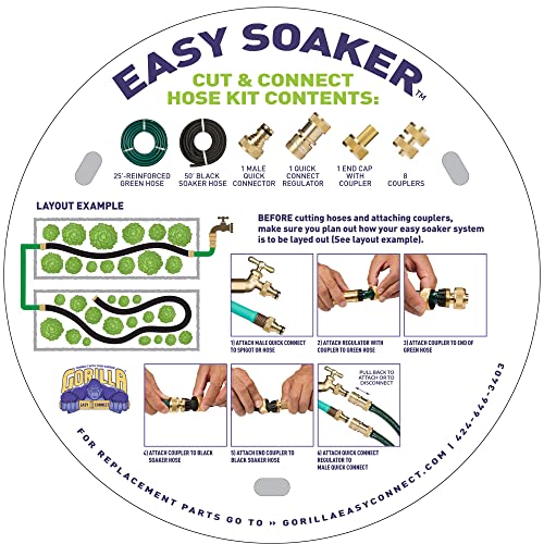 Gorilla Easy Connect Easy Soaker Hose Watering Kit with Brass Fittings Includes Customizable System with Garden Hose, Soaker Hose and Reusable Brass Fittings with Quick Connector Regulator.