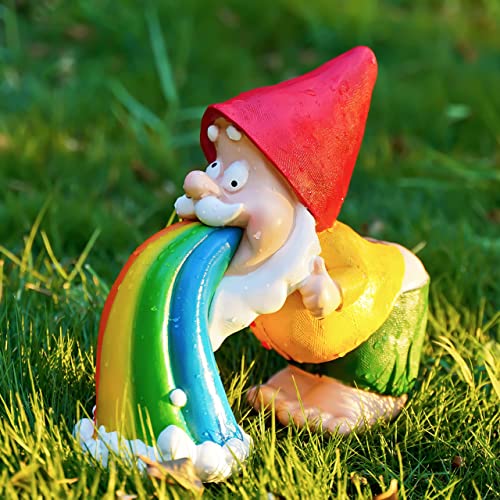 UDDDSR Garden Gnome Statue, Gnome are Throwing up Rainbow in Your Garden, Funny Gnome Figurine with Solar Running Led for Patio Yard Art Decoration, Outdoor Lawn Ornaments, Garden Gift