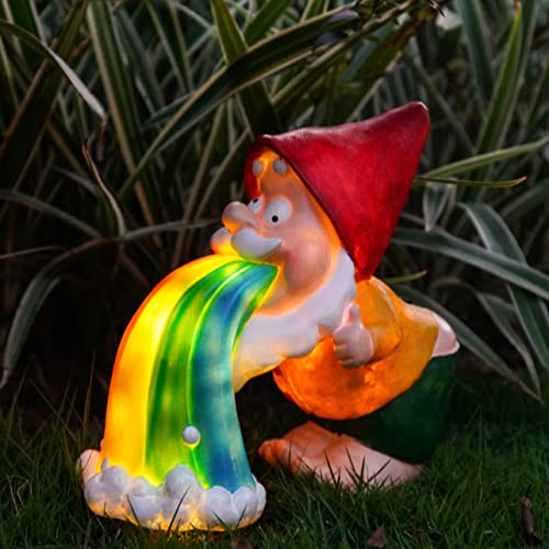 UDDDSR Garden Gnome Statue, Gnome are Throwing up Rainbow in Your Garden, Funny Gnome Figurine with Solar Running Led for Patio Yard Art Decoration, Outdoor Lawn Ornaments, Garden Gift