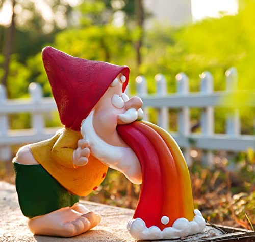 UDDDSR Garden Gnome Statue, Gnome are Throwing up Rainbow in Your Garden, Funny Gnome Figurine with Solar Running Led for Patio Yard Art Decoration, Outdoor Lawn Ornaments, Garden Gift