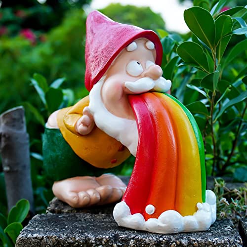 UDDDSR Garden Gnome Statue, Gnome are Throwing up Rainbow in Your Garden, Funny Gnome Figurine with Solar Running Led for Patio Yard Art Decoration, Outdoor Lawn Ornaments, Garden Gift