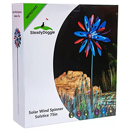 Solar Wind Spinner Solstice 75in Multi-Color Seasonal LED Lighting Solar Powered Glass Ball with Kinetic Wind Spinner Dual Direction for Patio Lawn & Garden, Easy to Assemble and LED Color Changing