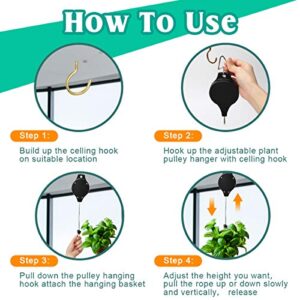 Ahier Retractable Plant Hanger, 2PCS Adjustable Plant Pulley Hanger Hanging Planters Flower Basket Hook Hanger with 2PCS Metal Ceiling Plant Hooks for Garden Birds Feeder