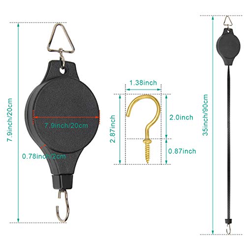 Ahier Retractable Plant Hanger, 2PCS Adjustable Plant Pulley Hanger Hanging Planters Flower Basket Hook Hanger with 2PCS Metal Ceiling Plant Hooks for Garden Birds Feeder