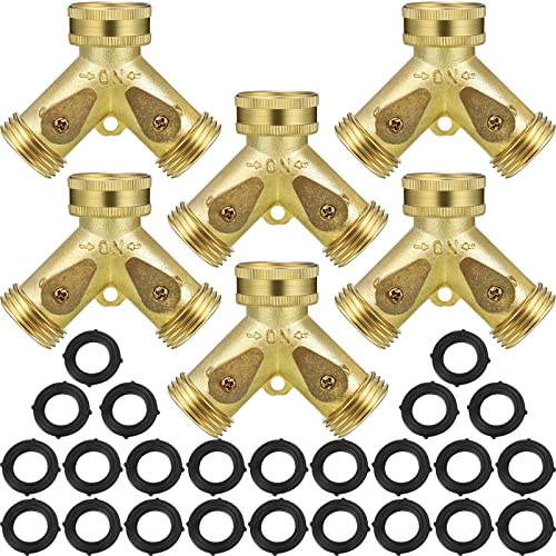 6 Pieces Heavy Duty Garden Hose Connector Y Tap Splitter Garden Hose Splitter Water Faucet Splitter 2 Way Outdoor Hose Faucet Adapter 2 Valves Hose Spigot Adapter Plus 24 Extra Rubber Washers