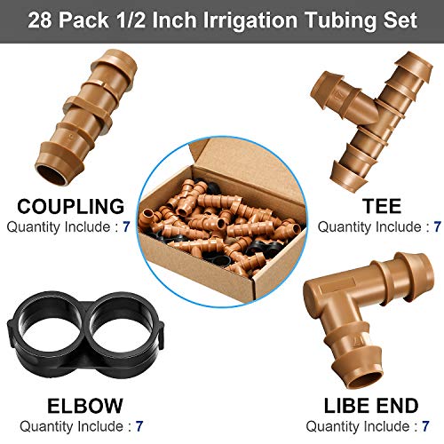 Boao 28 Pieces Drip Irrigation Fittings Kit 1/2 Inch Tubing Set Including 7 Tees, 7 Couplings, 7 Elbows and 7 End Cap Plugs Drip Irrigation Barbed Connectors for Compatible Drip or Sprinkler Systems