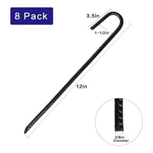 QJL 12 Inch Rebar Stakes, 8 Pack Heavy Duty J Hook Galvanized Ground Stakes, Metal Steel Tent Stakes Ground Anchors