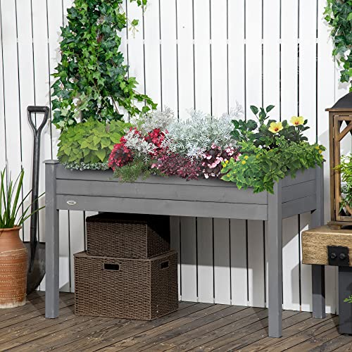 Outsunny 48" Raised Garden Bed, Elevated Wooden Planter Box with Draining Holes for Vegetables, Herb and Flowers Backyard, Patio, Balcony Use, Dark Gray