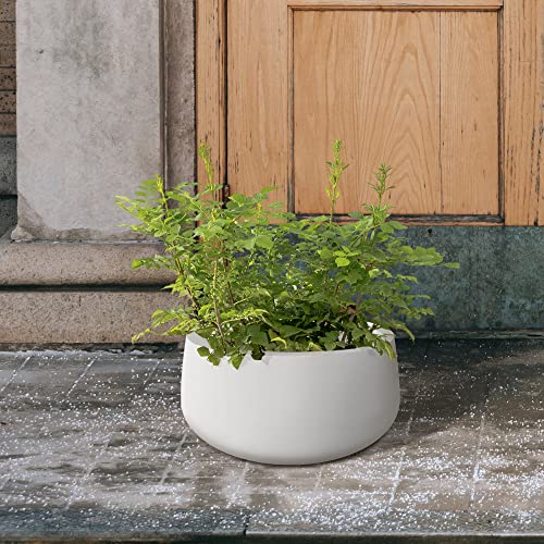 Kante 16" Dia. Round Pure White Finish Concrete Bowl Planter, Outdoor Indoor Large Planter Pot with Drainage Hole for Garden, Patio, Balcony, Deck, Living Room (RC0051B-C80011)