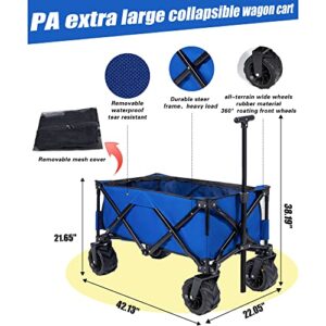 PA Collapsible Beach Wagon with Big Wheels for Sand Utility Foldable Wagon Garden Cart All Terrain Grocery Outdoor Utility Pull Carts Extra Large, Blue