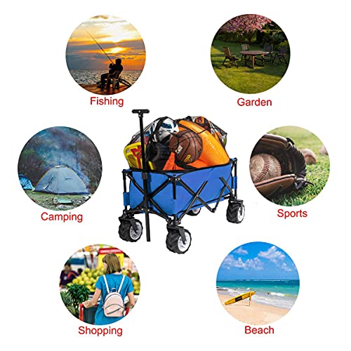 PA Collapsible Beach Wagon with Big Wheels for Sand Utility Foldable Wagon Garden Cart All Terrain Grocery Outdoor Utility Pull Carts Extra Large, Blue