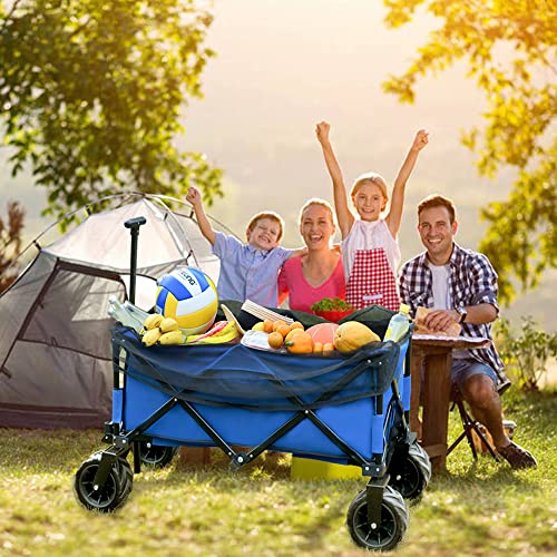 PA Collapsible Beach Wagon with Big Wheels for Sand Utility Foldable Wagon Garden Cart All Terrain Grocery Outdoor Utility Pull Carts Extra Large, Blue