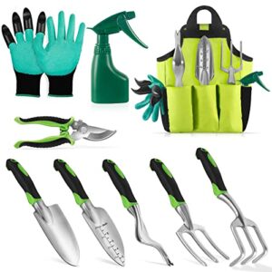 gardening tools,garden tools set 9 piece, aluminum garden hand tools set heavy duty, ideal garden tool kit gifts for women, outdoor hand tools with garden gloves,trowel and organizer tote bag