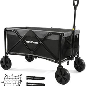 Yardsam Collapsible Folding Utility Wagon Cart Outdoor, Heavy Duty Garden Cart with All Terrain Wheels, Large Capacity Foldable Beach Wagon Cart for Camping Shopping, w/Cargo Net/Straps, Black