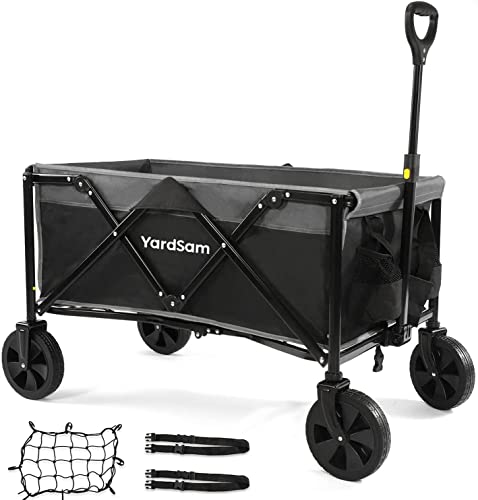 Yardsam Collapsible Folding Utility Wagon Cart Outdoor, Heavy Duty Garden Cart with All Terrain Wheels, Large Capacity Foldable Beach Wagon Cart for Camping Shopping, w/Cargo Net/Straps, Black