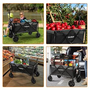 Yardsam Collapsible Folding Utility Wagon Cart Outdoor, Heavy Duty Garden Cart with All Terrain Wheels, Large Capacity Foldable Beach Wagon Cart for Camping Shopping, w/Cargo Net/Straps, Black