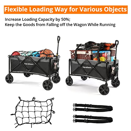 Yardsam Collapsible Folding Utility Wagon Cart Outdoor, Heavy Duty Garden Cart with All Terrain Wheels, Large Capacity Foldable Beach Wagon Cart for Camping Shopping, w/Cargo Net/Straps, Black