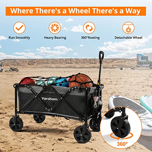 Yardsam Collapsible Folding Utility Wagon Cart Outdoor, Heavy Duty Garden Cart with All Terrain Wheels, Large Capacity Foldable Beach Wagon Cart for Camping Shopping, w/Cargo Net/Straps, Black