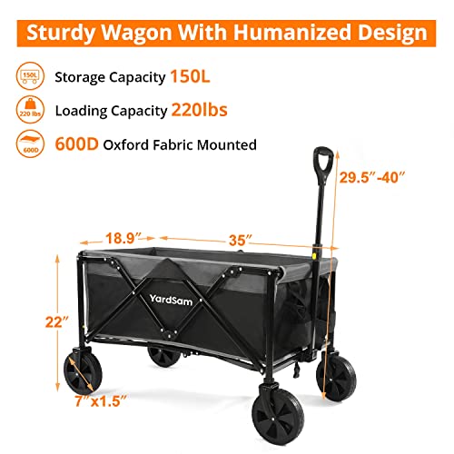 Yardsam Collapsible Folding Utility Wagon Cart Outdoor, Heavy Duty Garden Cart with All Terrain Wheels, Large Capacity Foldable Beach Wagon Cart for Camping Shopping, w/Cargo Net/Straps, Black