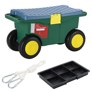 portable multi-function garden cart with seat and wheels, gardening rolling tool cart with storage bin and tool tray, outdoor garden stool and wagon with traction rope for weeding gardening lawn care