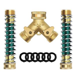 brass garden hose splitter 2 way, all body metal heavy duty water splitter y way with 2 hose protectors kink free hose extension 6 rubber washers