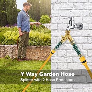 Brass Garden Hose Splitter 2 Way, All Body Metal Heavy Duty Water Splitter Y Way with 2 Hose Protectors Kink Free Hose Extension 6 Rubber Washers