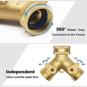 Brass Garden Hose Splitter 2 Way, All Body Metal Heavy Duty Water Splitter Y Way with 2 Hose Protectors Kink Free Hose Extension 6 Rubber Washers