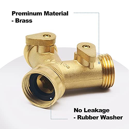 Brass Garden Hose Splitter 2 Way, All Body Metal Heavy Duty Water Splitter Y Way with 2 Hose Protectors Kink Free Hose Extension 6 Rubber Washers