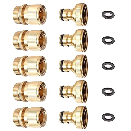 Piroir Garden Hose Quick Connect, Solid Brass Garden Hose Connectors 3/4 Inch GHT Water Hose Fitting for Garden(5 Set of Male & Female Water Hose Connectors)