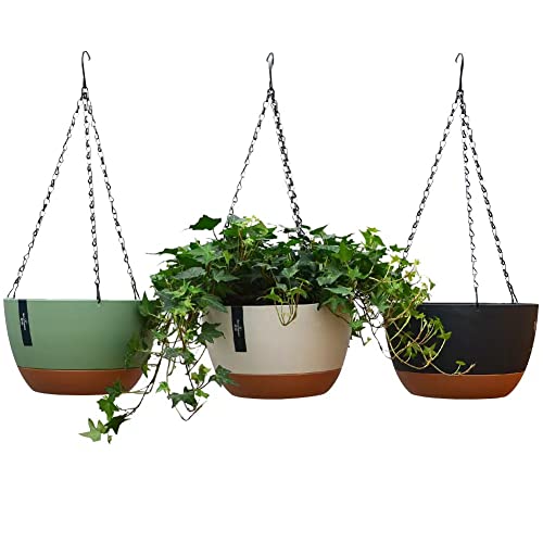 3 Pack Plastic Hanging Planters Set ,8.3 Inch Hanging Flower Plant Pot with Drainage Hole for Indoor Outdoor Plants, Round Hanging Basket with Removable Tray for Home Garden Porch Balcony Patio Decor